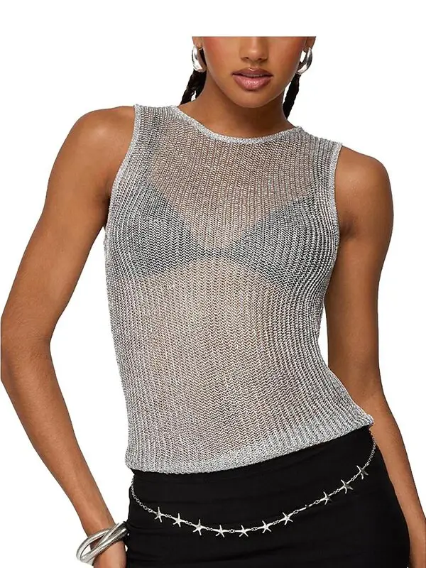 EDIKTED Amalya Shiny Sheer Knit Top - Silver