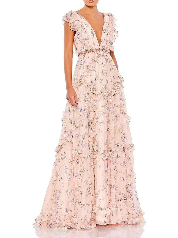 Mac Duggal Floral Print Ruffled Cap Sleeve Gown - Pink Multi