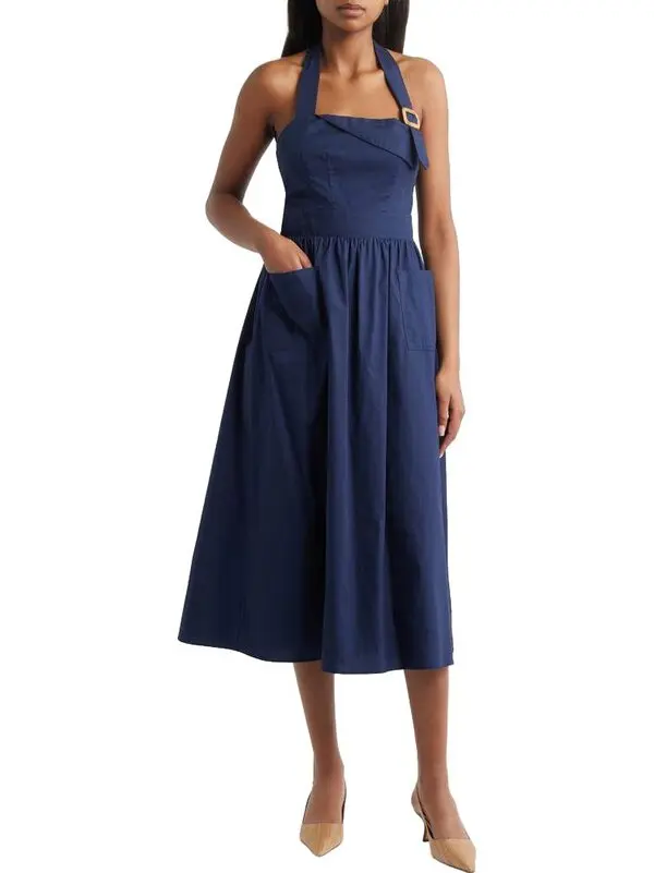 Vince Camuto Halter Neck Cotton Midi Dress - Navy