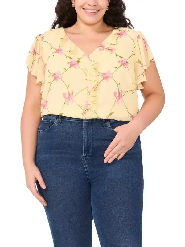 CECE DUPRAZ Floral Print Ruffle Top - Lemon Drop