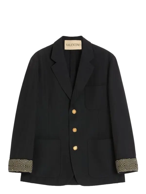 Valentino Garavani Single-breasted Wool And Cotton Jacket With Jacquard Trim - Navy