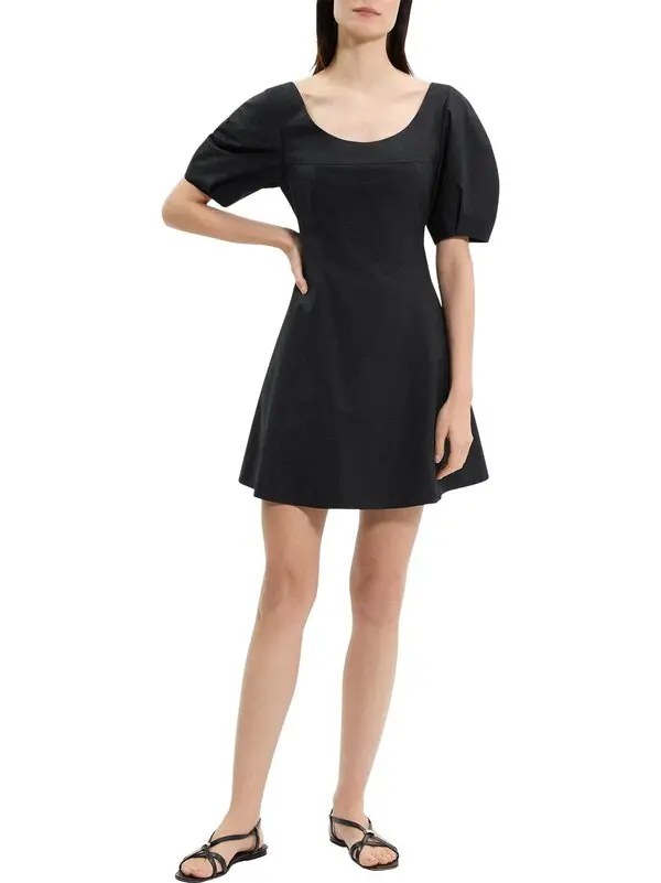 Theory Puff Sleeve Mini Dress In City Poplin - Black