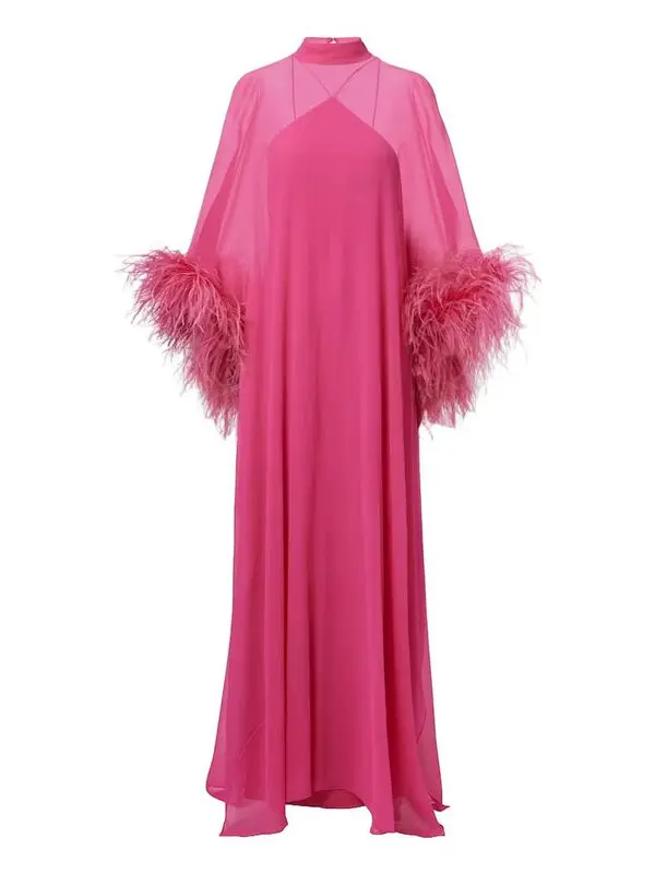 TALLER MARMO Penelope Feather-trimmed Silk Kaftan - Pink