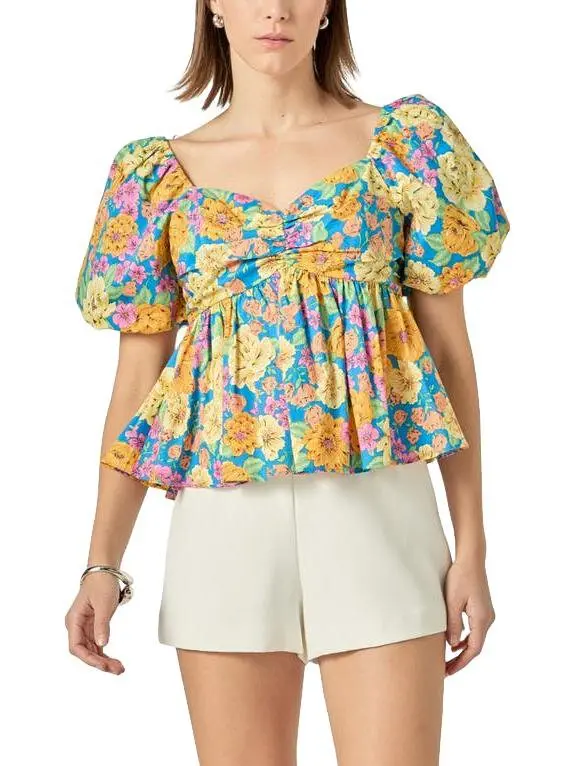 English Factory Floral Print Puff Sleeve Shirt - Blue Multi