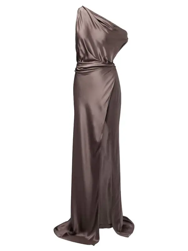 THE SEI Draped One-shoulder Silk Satin Gown - Grey
