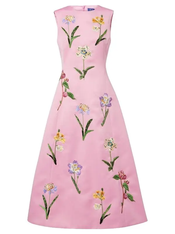 LEO LIN Cleo Floral Embroidered Satin Midi Dress - Pink