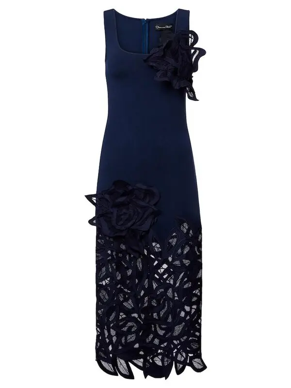 Oscar De La Renta Floral-applique Lace Midi Dress - Blue