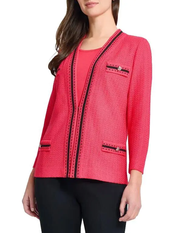 Ming Wang Heritage Fit Contrast Trim Knit Jacket - Vibrant Fuchsia/ Black
