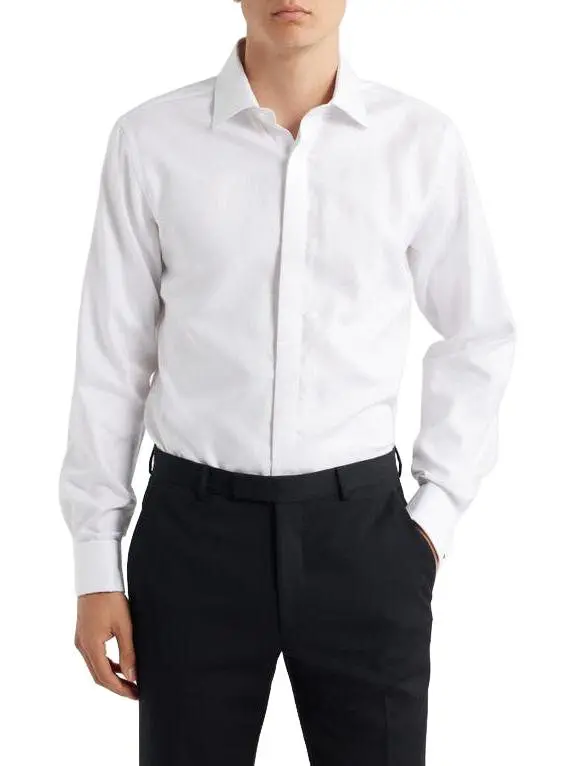 Lorenzo Uomo Trim Fit Solid Textured Cotton Tuxedo Shirt - White
