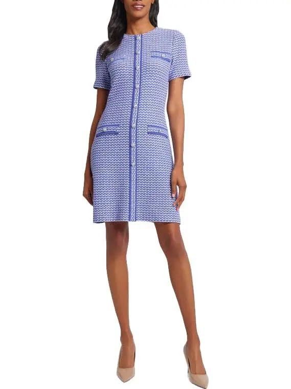 Ming Wang Honeycomb Tweed Sheath Dress - Sapphire Sea/ Dawn/ Ivory