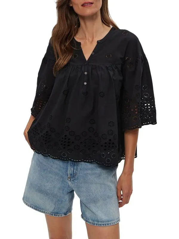Michael Stars Gloria Flutter Sleeve Eyelet Top - Black