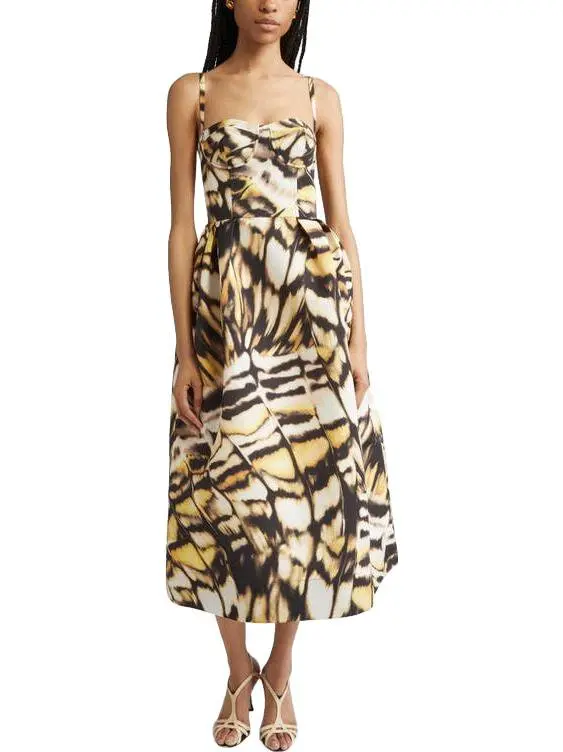 Oscar De La Renta Abstract Butterfly Faille Bustier Midi Dress - Black Multi