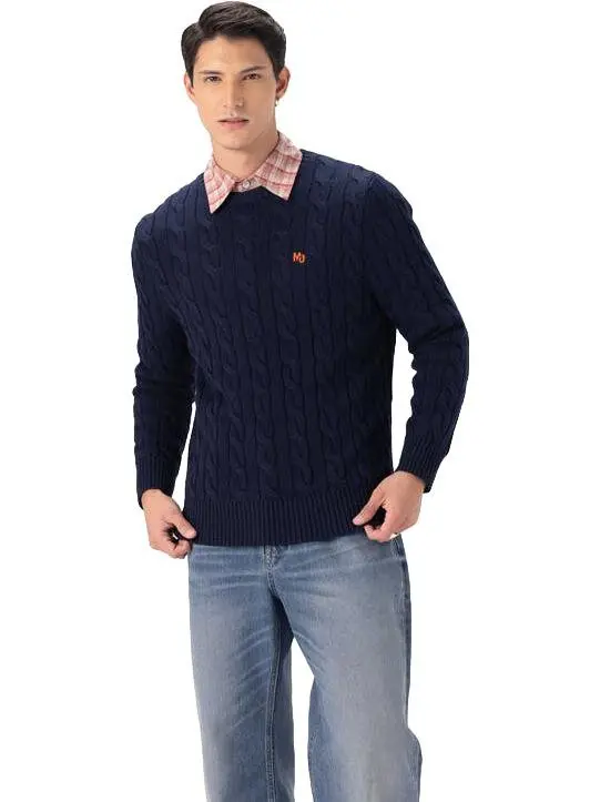 MEMBERS ONLY Crew Neck Cable Knit Sweater - Navy