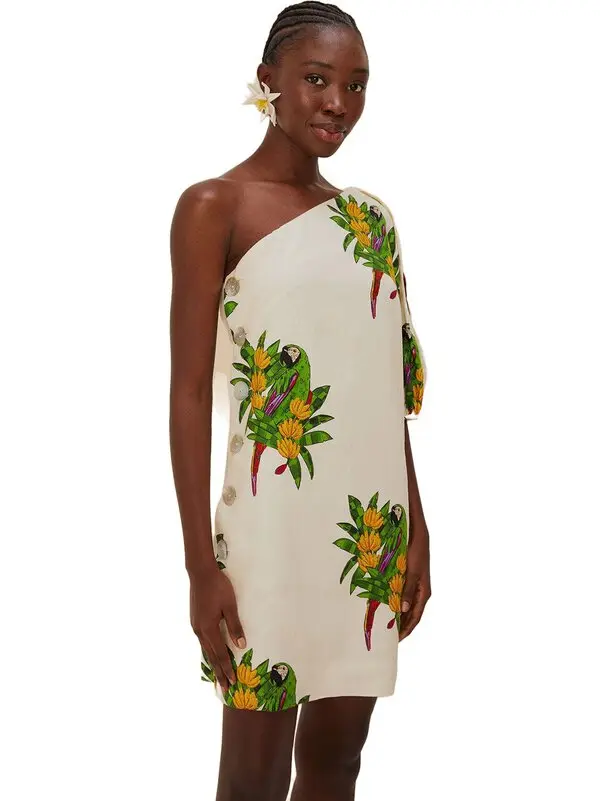 Farm Rio Printed One-shoulder Mini Dress - Maracana Bird Pearl