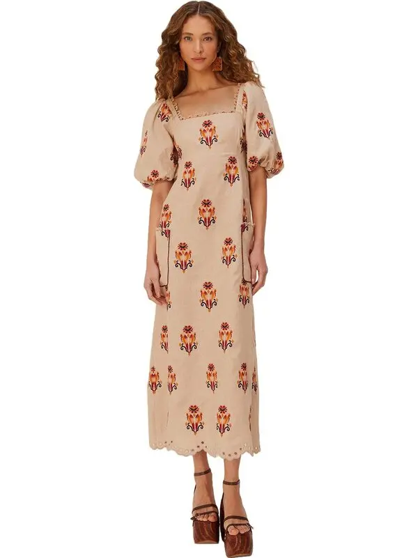 Farm Rio Embroidered Macaw Linen Maxi Dress - Rose
