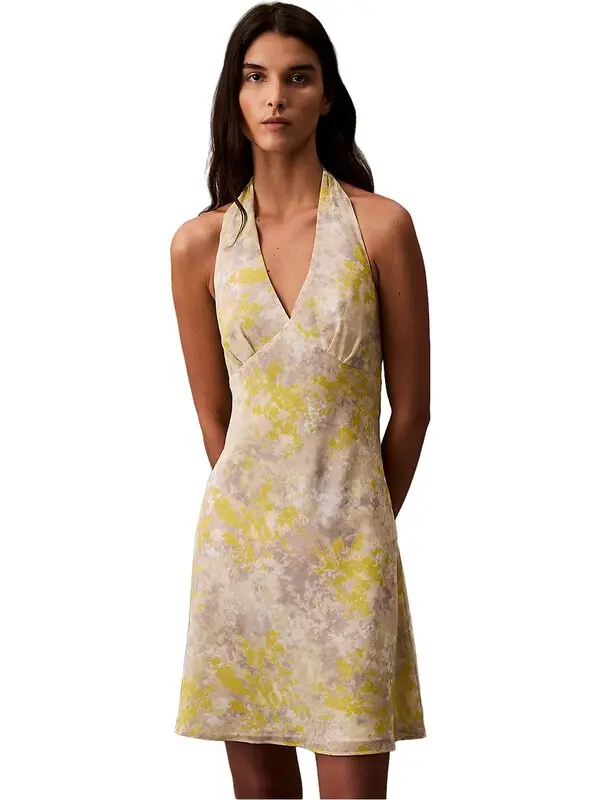 Calvin Klein Georgette Halter Neck Mini Dress - Yellow Floral