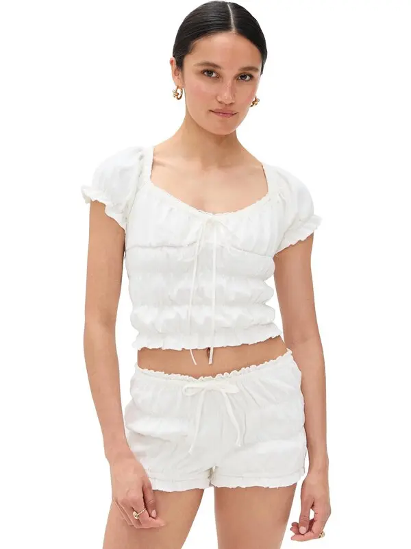BAILEY ROSE Smocked Lace Trim Top - White Denim