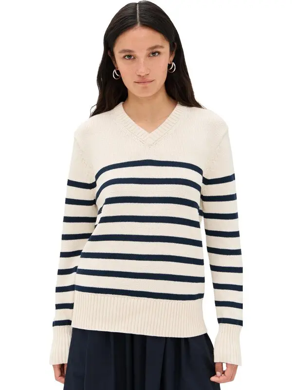 Jenni Kayne Cotton Kate V-neck Pullover - Ivory/navy Stripe