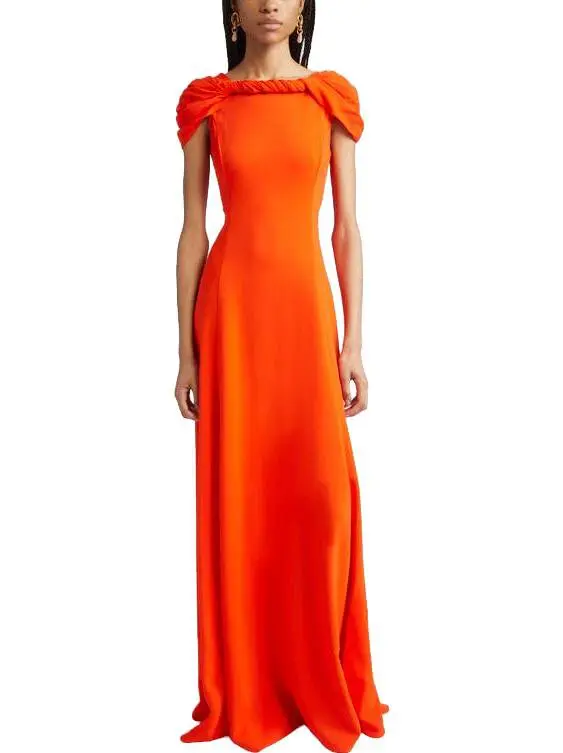 Oscar De La Renta Twist Detail Cap Sleeve Stretch Cady Gown - Carnelian