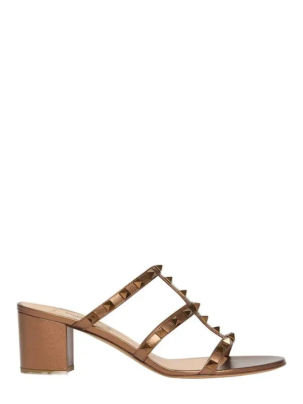 Valentino Garavani Rockstud Caged Metallic Leather Slide Sandals - Dark Bronze