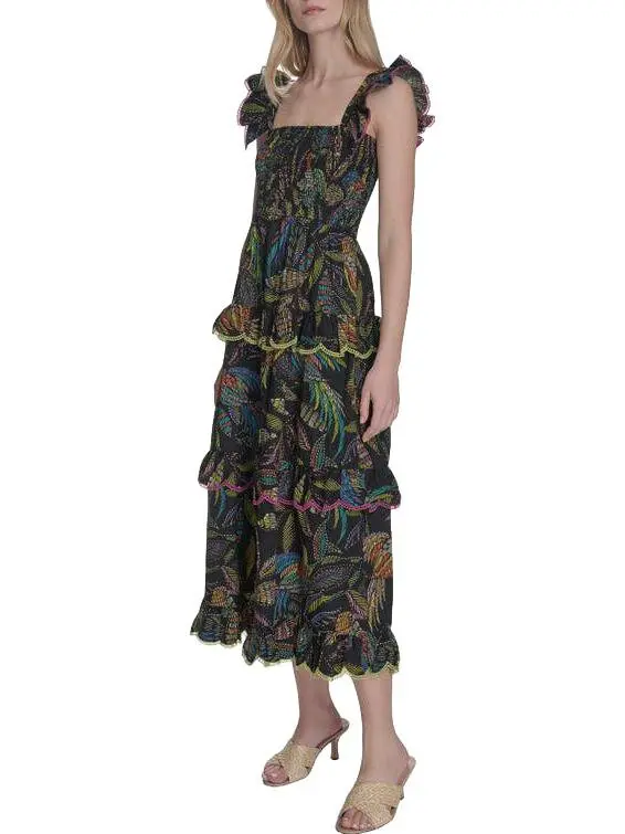 Vince Camuto Floral Ruffle Sleeve Cotton Midi Sundress - Black Multi