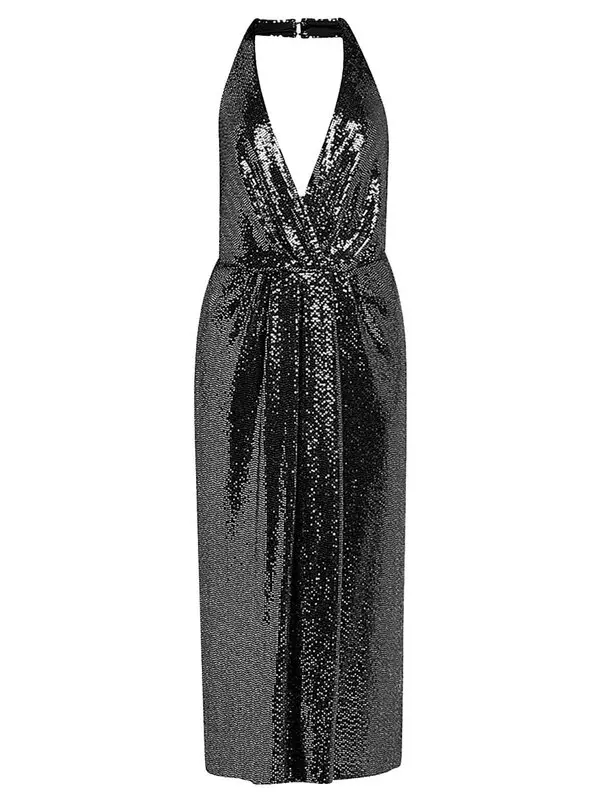 Halston Leonie Deep V-neck Disco Jersey Midi Dress - Black