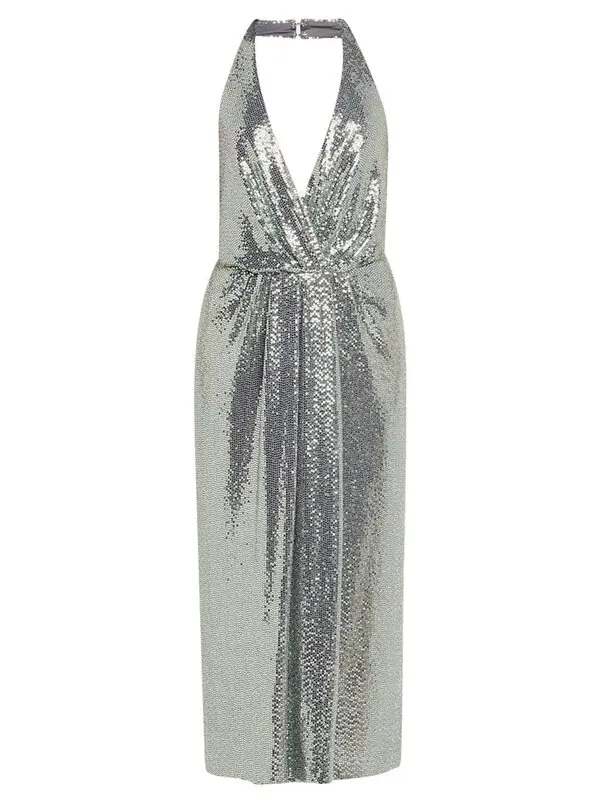 Halston Leonie Deep V-neck Disco Jersey Midi Dress - Steel