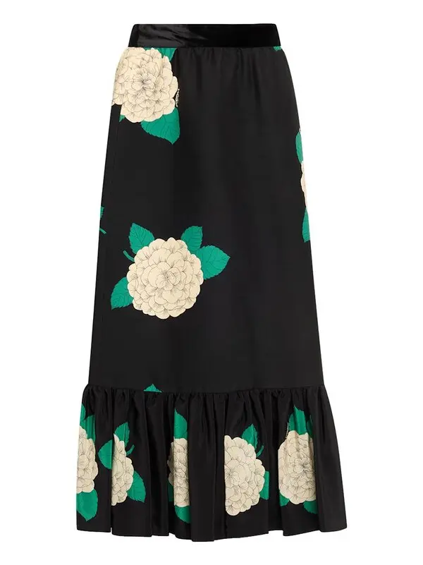 Valentino Garavani Ortensia-print Crepe Ankle Skirt - Black Ivor