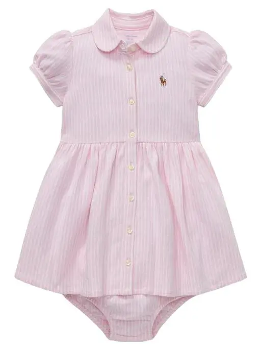 Ralph Lauren Oxford Stripe Cotton Piqué Dress & Bloomers - Carmel Pink/ White