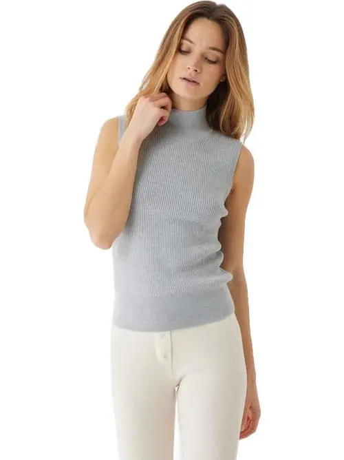 Majestic Filatures Compact Merino Mini Rib Sleeveless Turtleneck - Gris Chine Clair