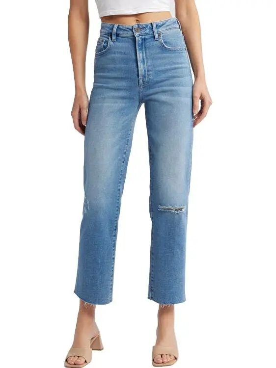 HIDDEN JEANS Ripped Raw Hem High Waist Ankle Straight Leg Jeans - Medium Wash