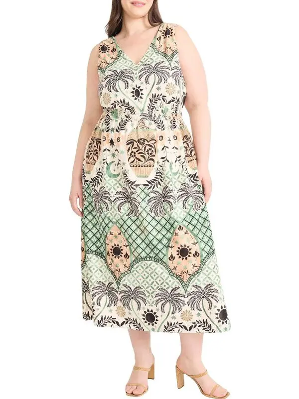 Maggy London Printed Sleeveless Midi Dress - Cream/ Green