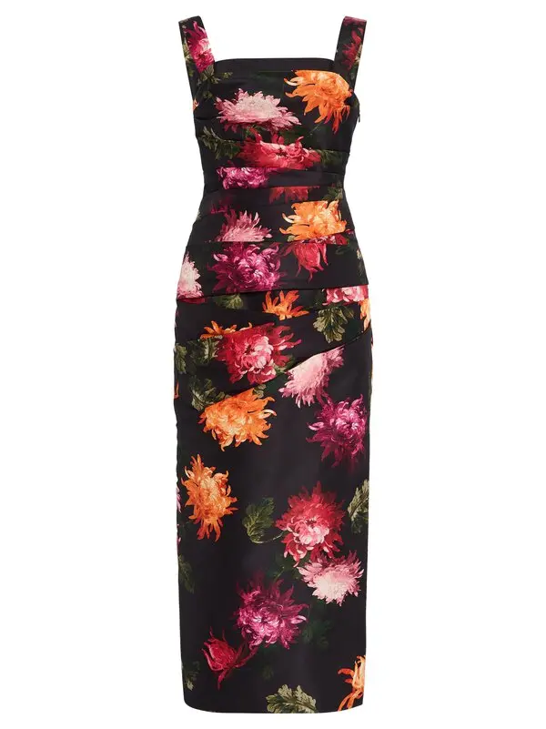 Carolina Herrera Pleated Floral Twill Midi Dress - Black