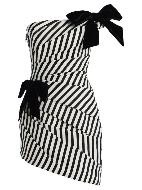 Carolina Herrera Pleated Ribbon-striped Jacquard Mini Dress - Black,white