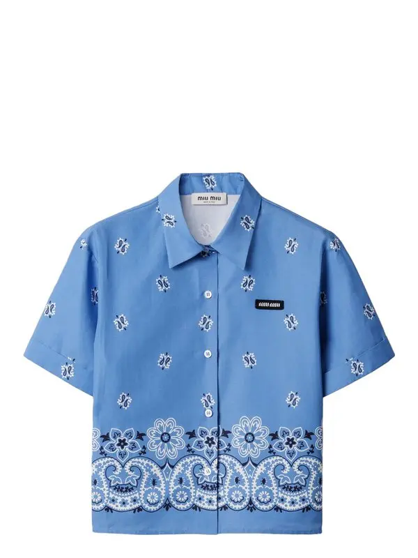 Miu Miu Printed Slubbed Poplin Shirt - Light Blue/white