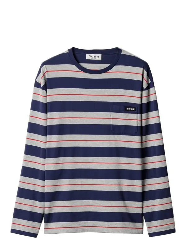 Miu Miu Long-sleeved Cotton Jersey T-shirt - Gray/navy