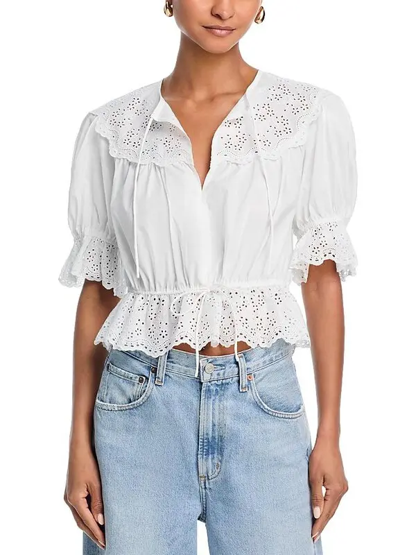 Aqua Eyelet Puff Sleeve Tie Top - White