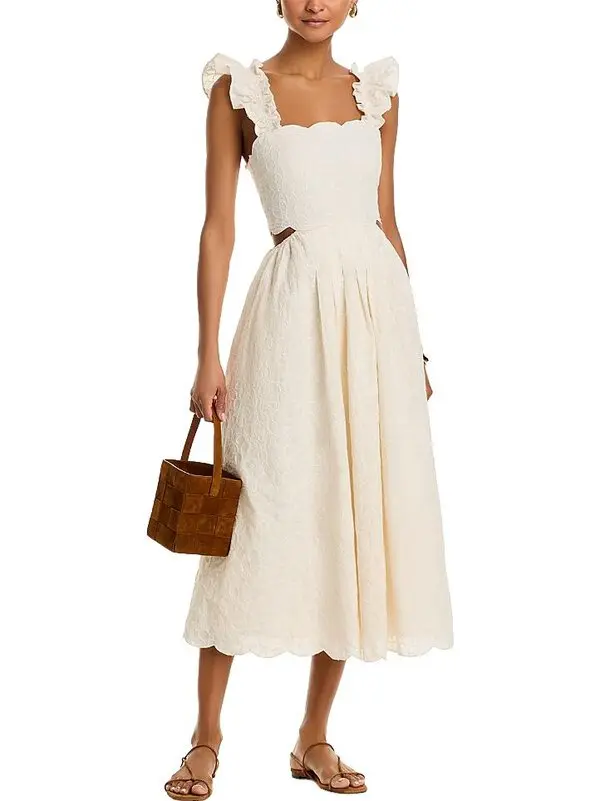 Aqua Embroidered Scallop Trim Midi Dress - White