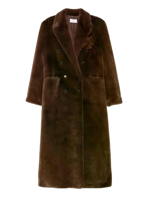 Giuseppe Di Morabito Faux-fur Coat With Floral Brooch - Brown