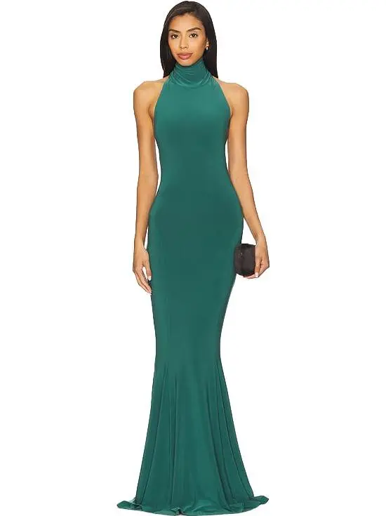 Norma Kamali Halter Turtle Fishtail Gown - Mountain Green