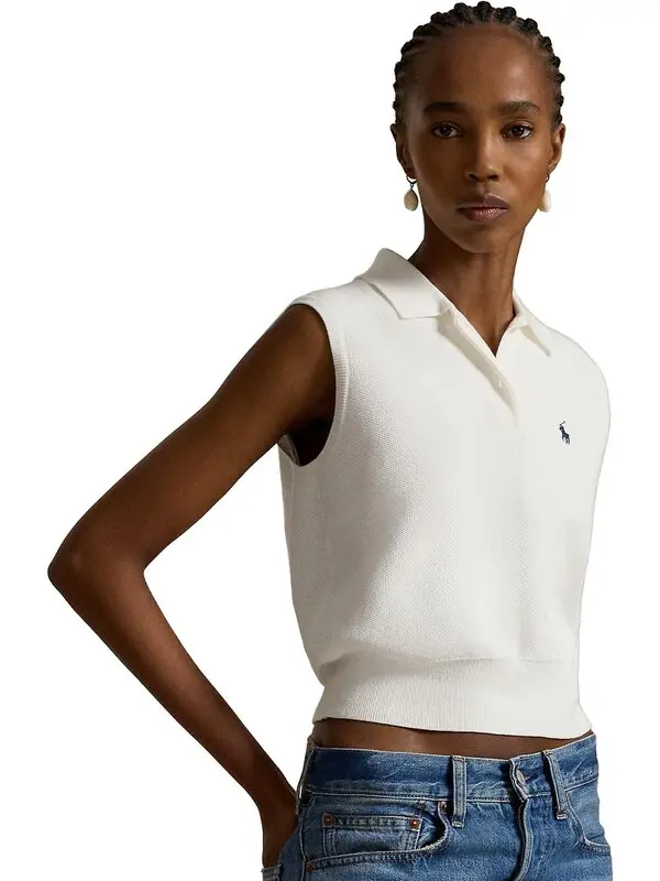 Ralph Lauren Cotton Cropped Sleeveless Polo Sweater - White