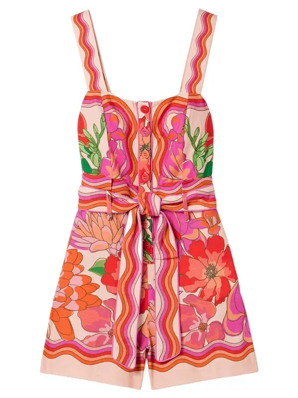Farm Rio Belted Printed Linen-blend Playsuit - Pink