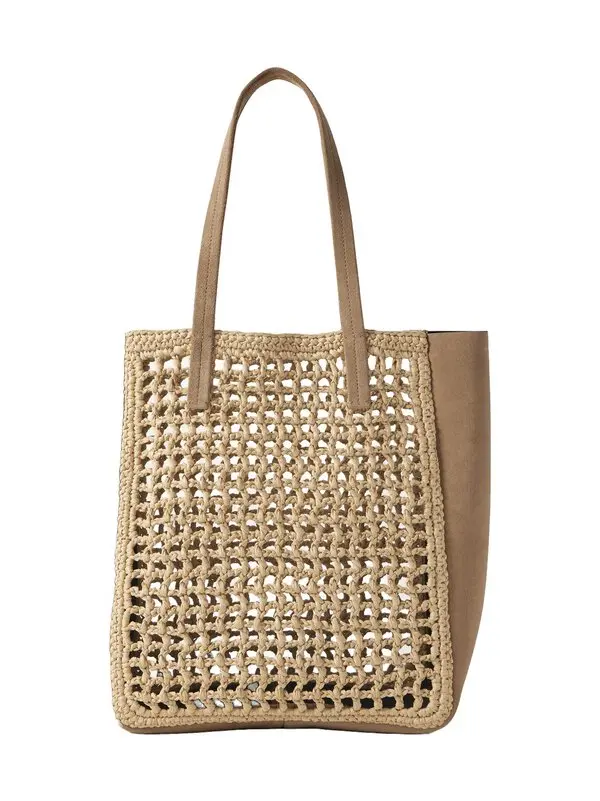 Khaite Zoe Small Suede And Crocheted Raffia Tote - Neutrals