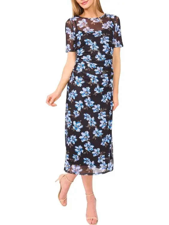 CECE DUPRAZ Floral Print Ruched Midi Dress - Rich Black