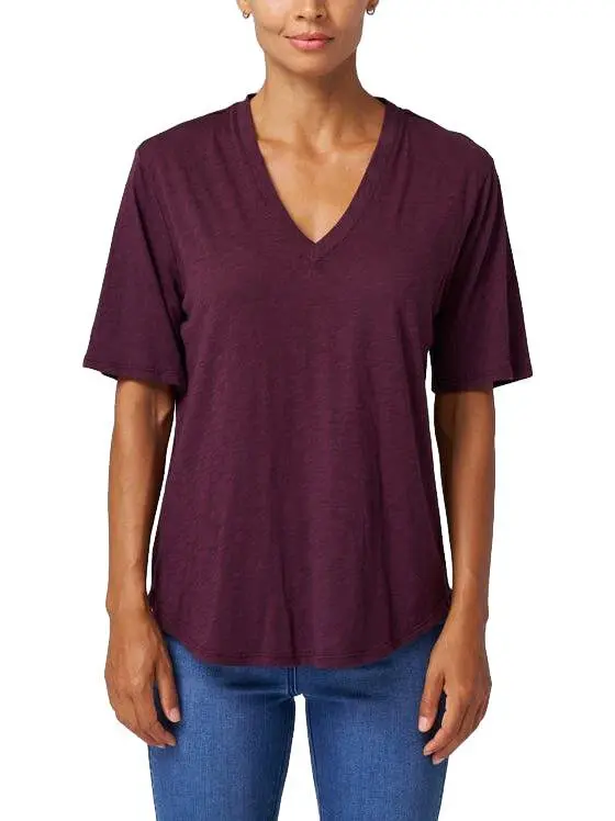FRANNE GOLDE Slub Jersey V-neck Elbow Sleeve Tee - Aubergine