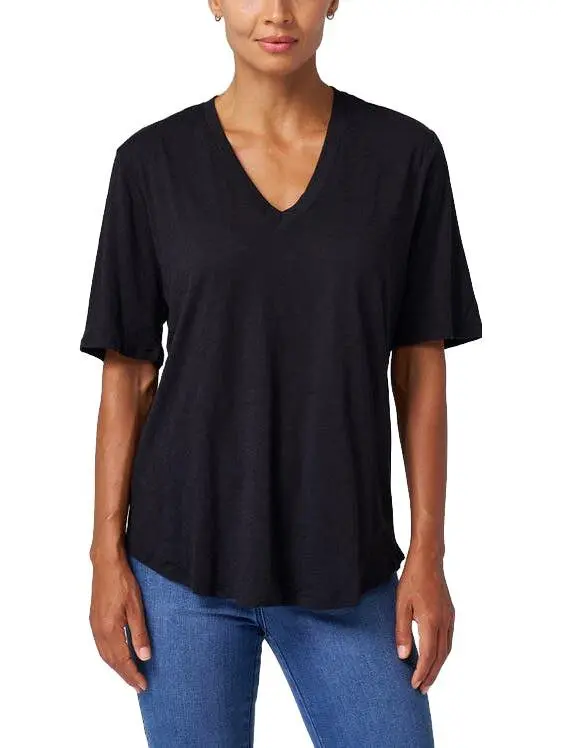 FRANNE GOLDE Slub Jersey V-neck Elbow Sleeve Tee - Black