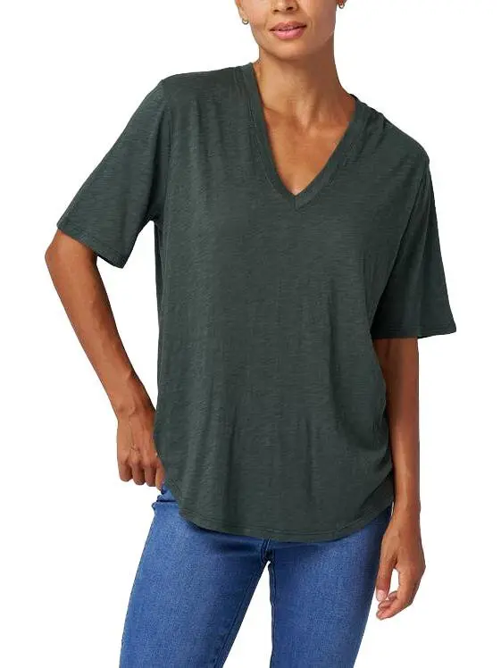 FRANNE GOLDE Slub Jersey V-neck Elbow Sleeve Tee - Evergreen