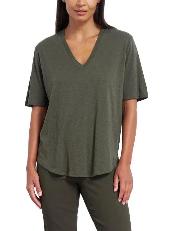 FRANNE GOLDE Slub Jersey V-neck Elbow Sleeve Tee - Olive