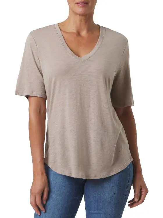 FRANNE GOLDE Slub Jersey V-neck Elbow Sleeve Tee - Sand