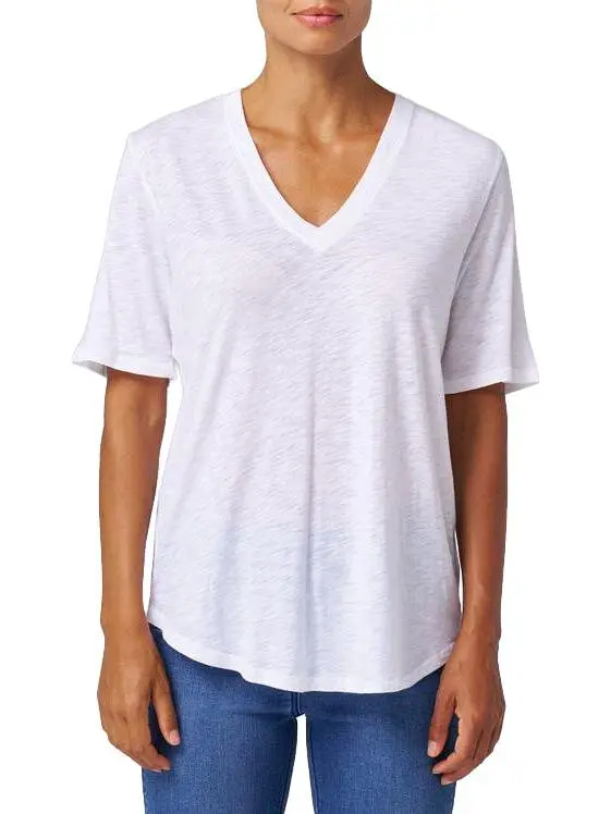 FRANNE GOLDE Slub Jersey V-neck Elbow Sleeve Tee - White
